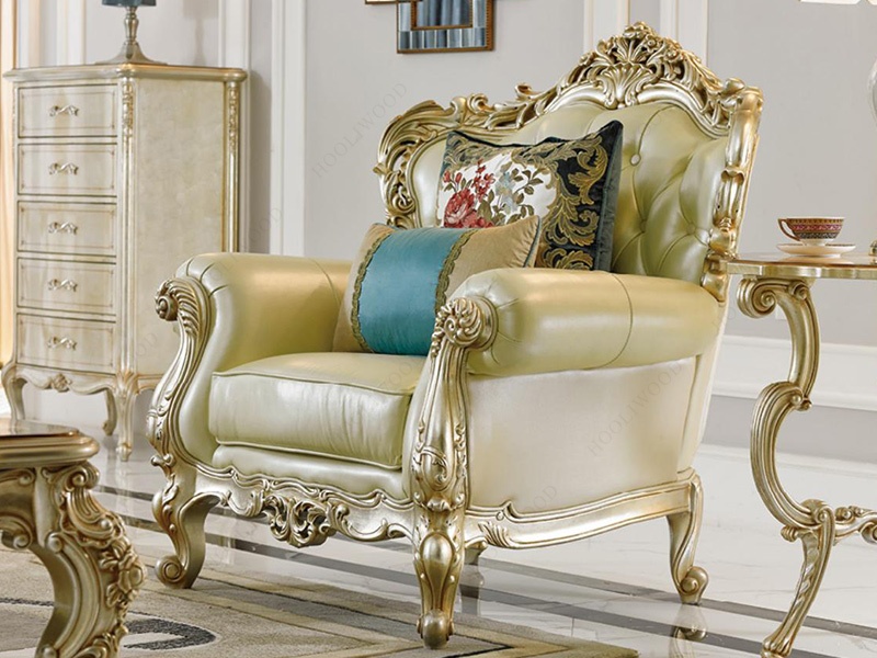 High-end Villa Golden Solid Wood Carved Leather Sofa Set